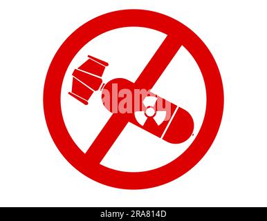 Prevent nuclear war. Prohibition sign over flying atomic weapon on ...