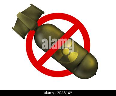 Prevent nuclear war. Prohibition sign over flying atomic weapon on ...