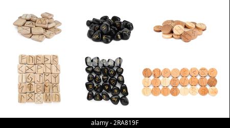 Collage with sets of wooden runes on white background. Divination tool ...