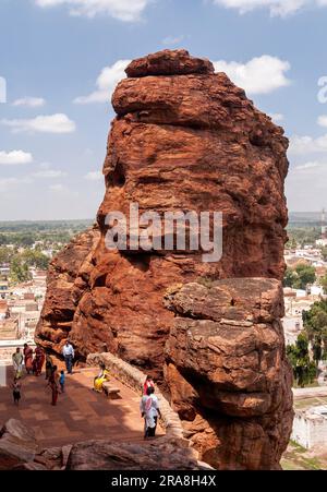 Rust red sandstone cliff in south fort, Badami, Karnataka, South India ...
