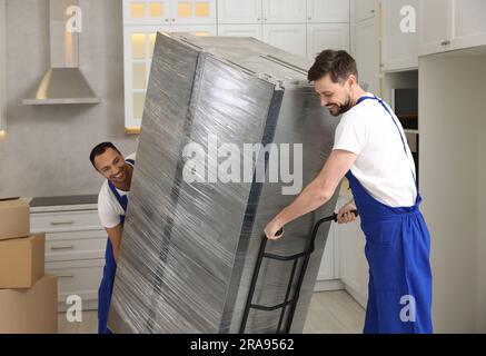 Male movers carrying refrigerator in new house Stock Photo - Alamy