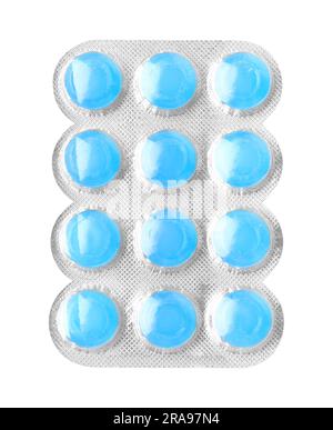 Blister with light blue cough drops isolated on white Stock Photo - Alamy