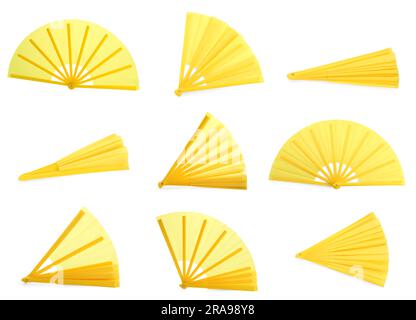 Collage with yellow hand fan on white background, different sides Stock ...