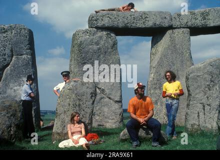 1970s style hippies attend the free festival at Stonehenge to celebrate ...
