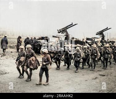 British troops returning from the line on the Western Front in France ...