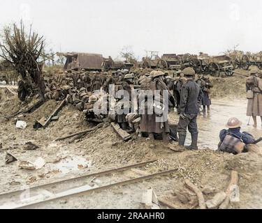 British troops resting on the road on the Western Front during World ...