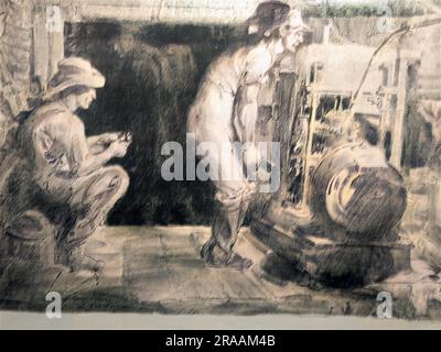 Australian artist Will Dyson (1880-1938) at his printing press ca ...