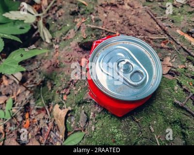 Crushed aluminum can from carbonated drink. Food packaging waste ...