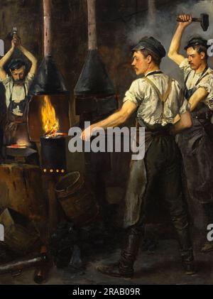 In the forge, three men at the forge forging iron, painting by Lentz ...