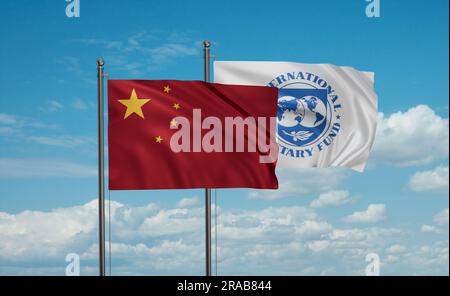 IMF International Monetary Fund flag and Hong Kong flag waving together ...