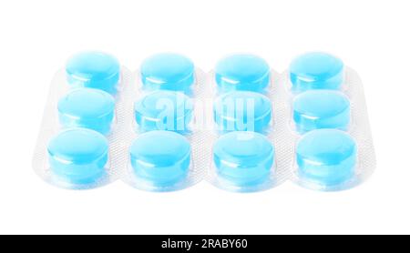 Blister with light blue cough drops isolated on white Stock Photo - Alamy