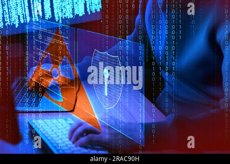 Nuclear deterrence. Hacker using computers, binary code and warning radiation symbol Stock Photo ...