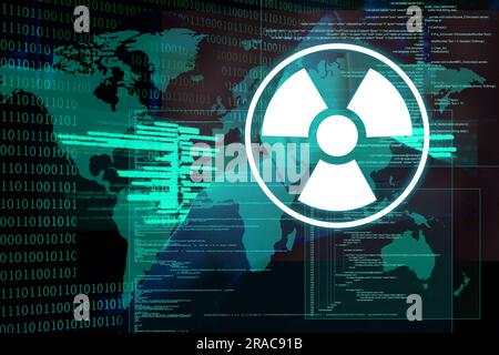 Nuclear deterrence. Warning radiation symbol, source and binary codes on black background Stock ...