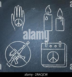 Pacifism and peace symbols chalkboard icon set. No war, world ...