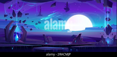 Space game level background with crystal platforms, flying rocket and ...