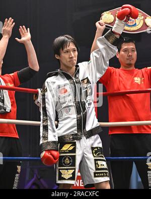 Tokyo. 1st July, 2023. Kenta Nakagawa (red gloves) of Japan and Joe Shiraishi (blue gloves) of ...