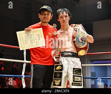 Tokyo. 1st July, 2023. Kenta Nakagawa (red gloves) of Japan and Joe Shiraishi (blue gloves) of ...