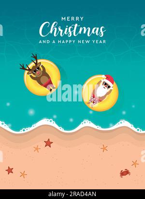 cute santa claus and deer relaxing on float ring in water on the beach ...