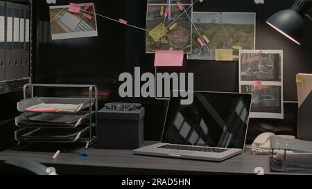 Empty incident room filled with clues and case files, evidence map with ...