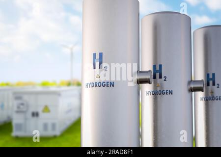 3d rendering metal hydrogen pipeline with green field and blue sky ...