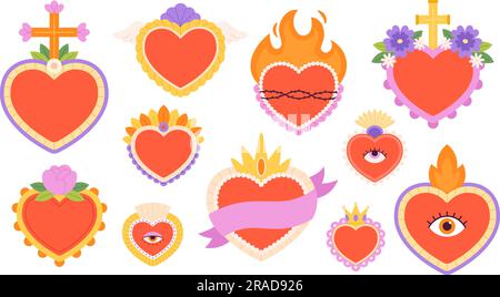 Mexican sacred hearts. Cartoon vector set of vibrant and intricate ...