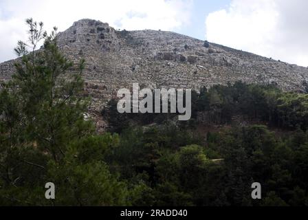 Greece, Rhodes island Embonas village and Atavyros mountain Stock Photo ...