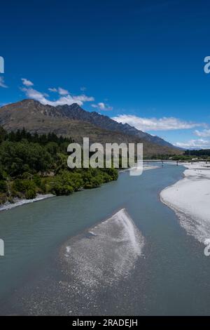 Islands in the stream of the Shotover River Delta in Summer, north of ...