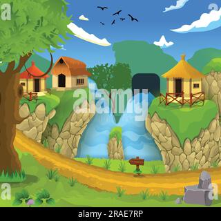 Beautiful village road with rural hut beside road.Village road 2d flat ...