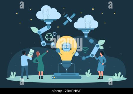Cartoon tiny people control robot arms to make bright light bulb, work ...