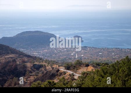 Datca town by the sea view with Aegean sea and blue sky. Datca, Mugla ...