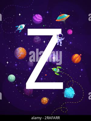 Kid space alphabet with rockets, UFO, kid astronaut and alien. English ...