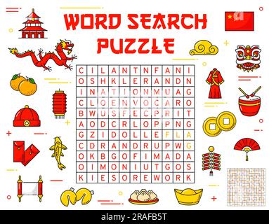 Chinese holidays word search puzzle game worksheet, vector quiz riddle ...