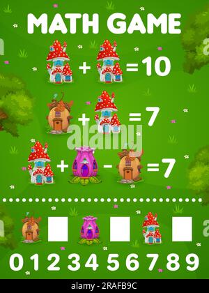 Math game worksheet, cartoon elf and gnome house buildings puzzle quiz ...