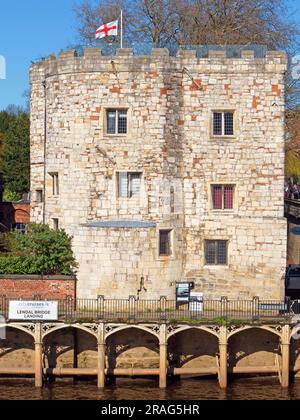 Medieval Lendal Tower and cast iron Lendal Bridge seen over River Ouse ...