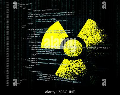 Nuclear deterrence. Warning radiation symbol, world map and source code ...