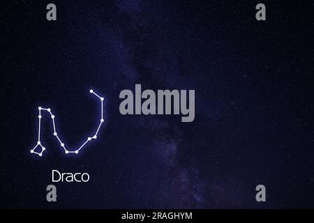 Draco (Dragon) constellation. Stick figure pattern in starry night sky ...
