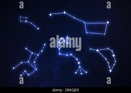 Set with different constellation stick figure patterns in starry night ...