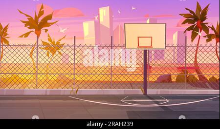Sunset street basketball court cartoon background. School outdoor ...