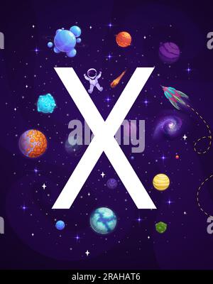 Cartoon space letter R. Vector uppercase sign in galaxy with astronaut ...