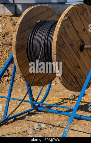 Big Industrial Cable Coils Wooden Spool Outdoor Stock Photo - Alamy