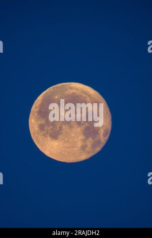 Orange colored moon through telescope at sunrise Stock Photo - Alamy