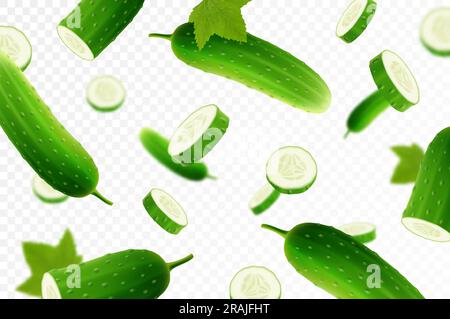 Flying cucumber. Falling cucumbers, whole and slices isolated on ...