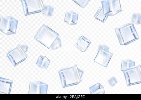 Falling ice cube, isolated on transparent background, selective focus. Flying ice cubes with ...