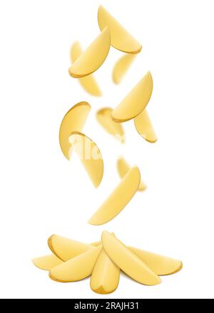 Isolated potato wedges in the air. Unpeeled slices of raw washed potato ...