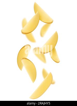 Isolated potato wedges in the air. Unpeeled slices of raw washed potato ...