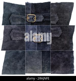 Collection of blue leather textures isolated on white background. Rough ...