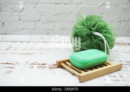 Shower Puff Fibre Scrub with Soap Stock Photo - Alamy