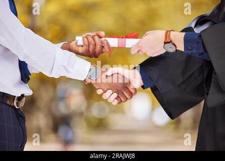 Giving, diploma and people handshake in graduation success ...