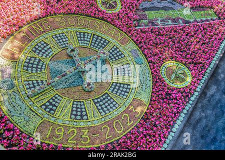 Historic floral clock commemorating Flying Scotsman vintage steam train ...