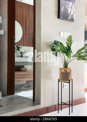 Bath accessories, mirror, houseplant and sink on table near dark wall ...